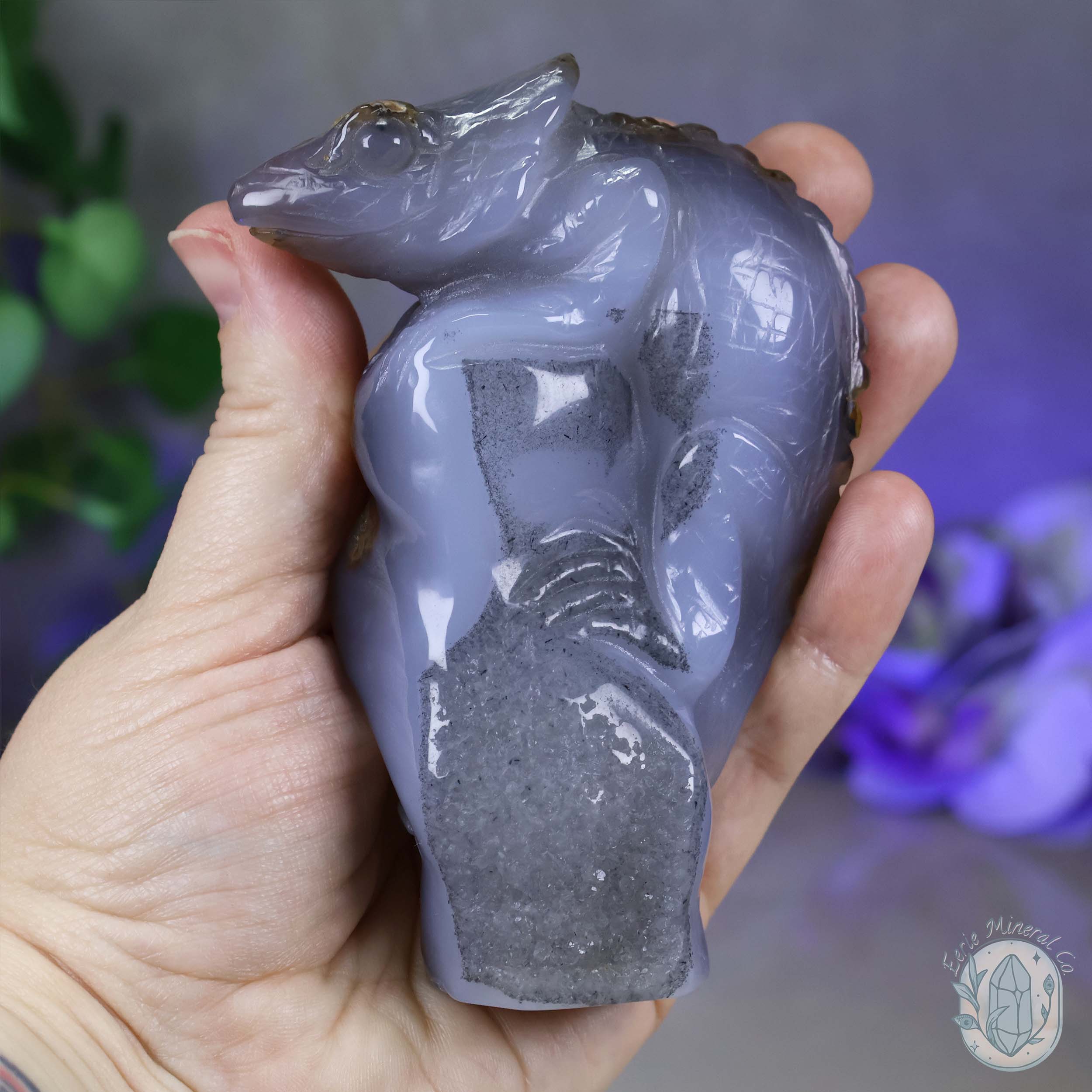 Polished Agate Lizard Perched on Rock Carving | Eerie Mineral Co.