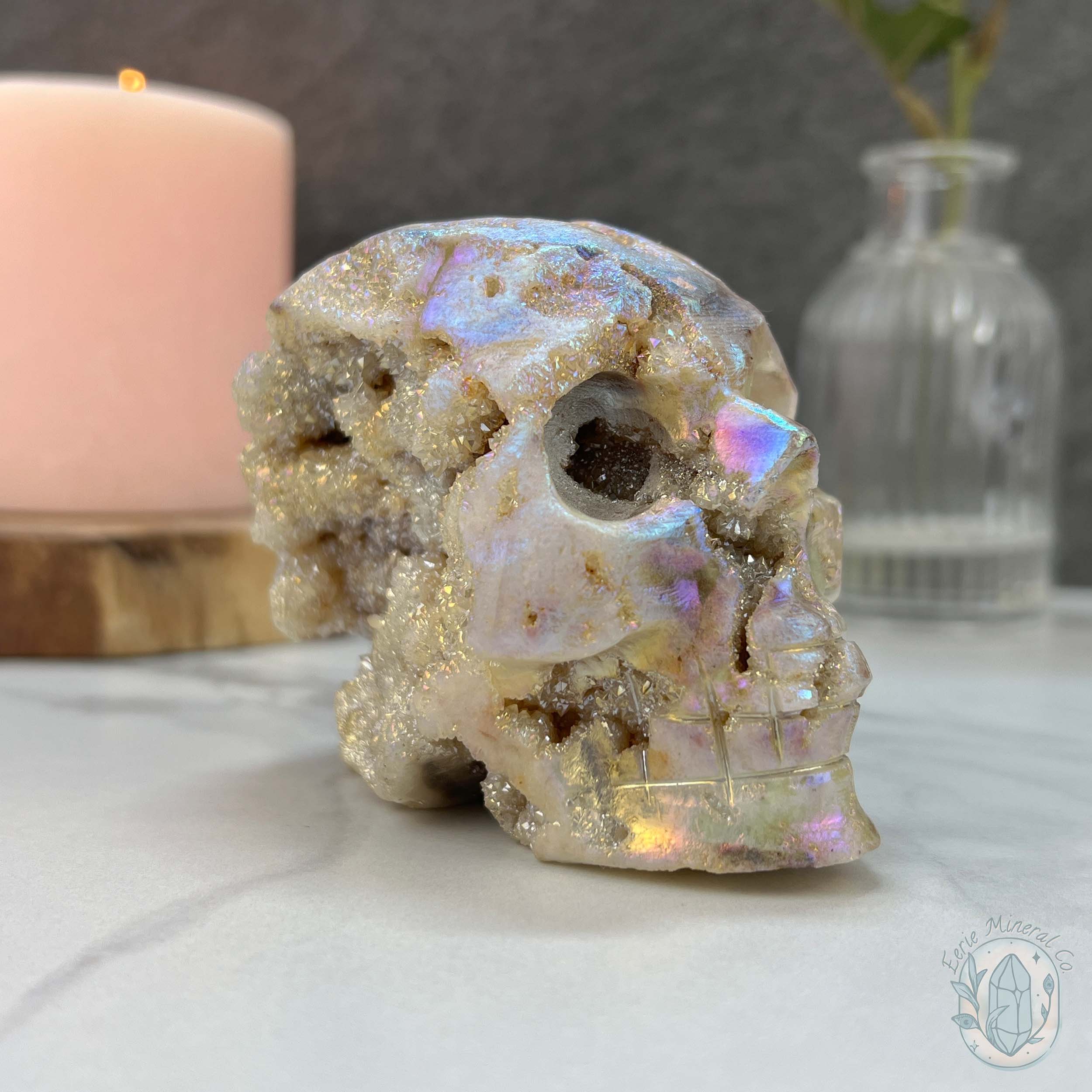 Aura Sphalerite with Druzy Quartz Skull Carving | Crystal Skulls ...