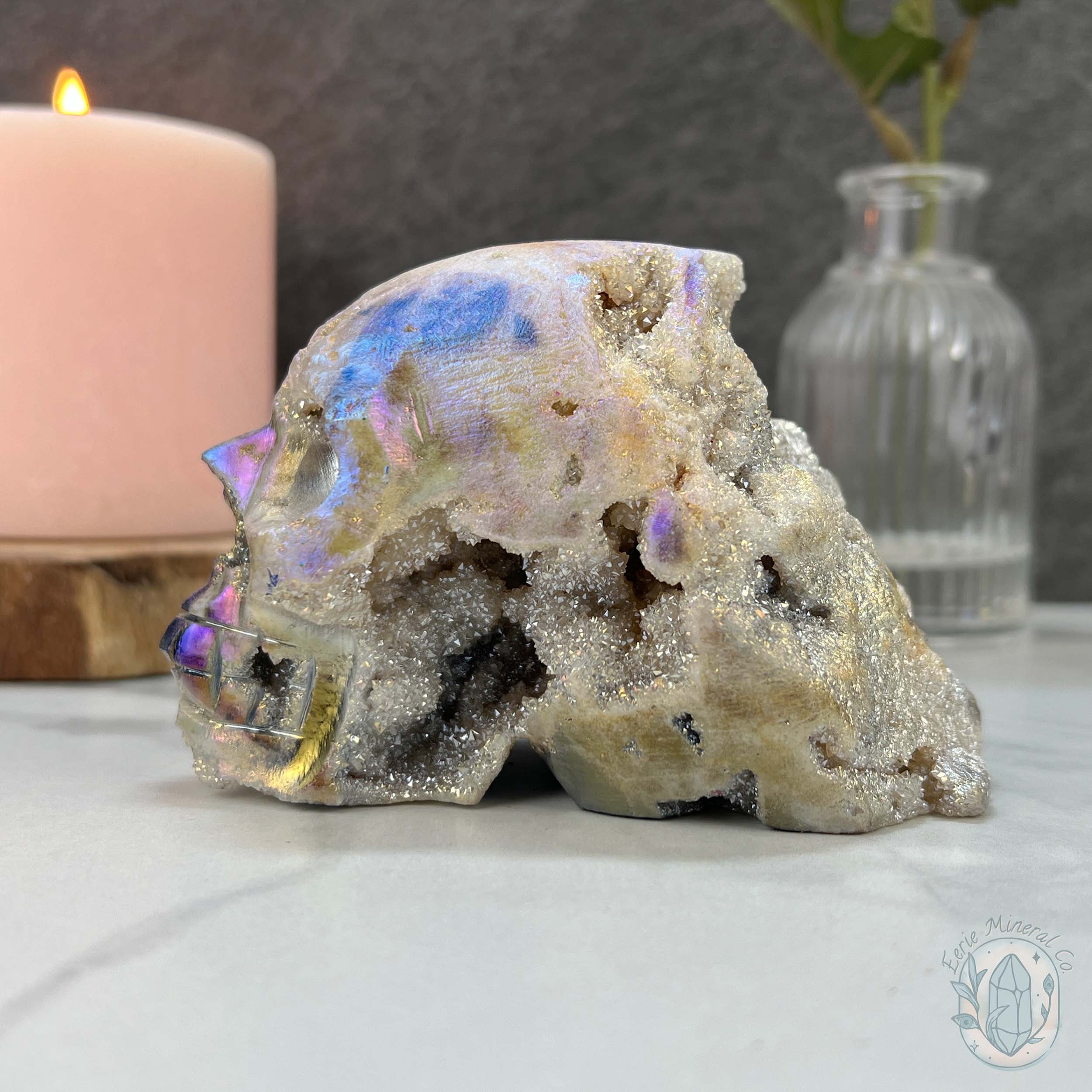 Angel Aura Sphalerite with Quartz Skull Carvings | Eerie Mineral Co.