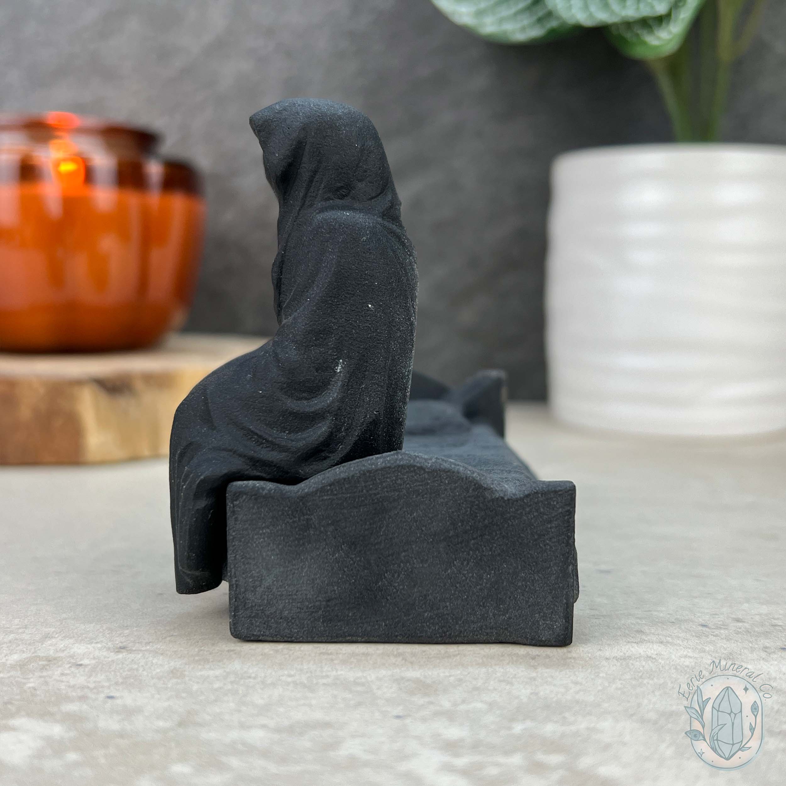 Black Obsidian Grim Reaper on Bed Matte Finish Carvings – Eerie Mineral Co.