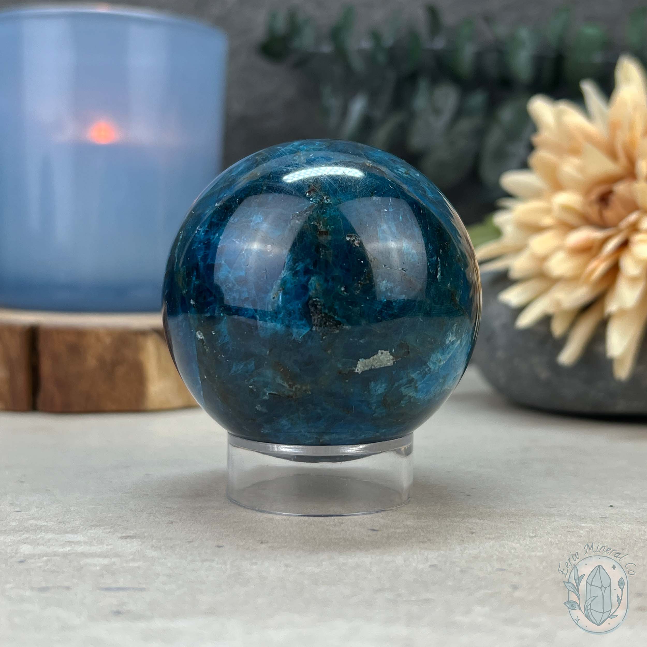 54mm Polished Blue Apatite Sphere with Silver Flash – Eerie Mineral Co.
