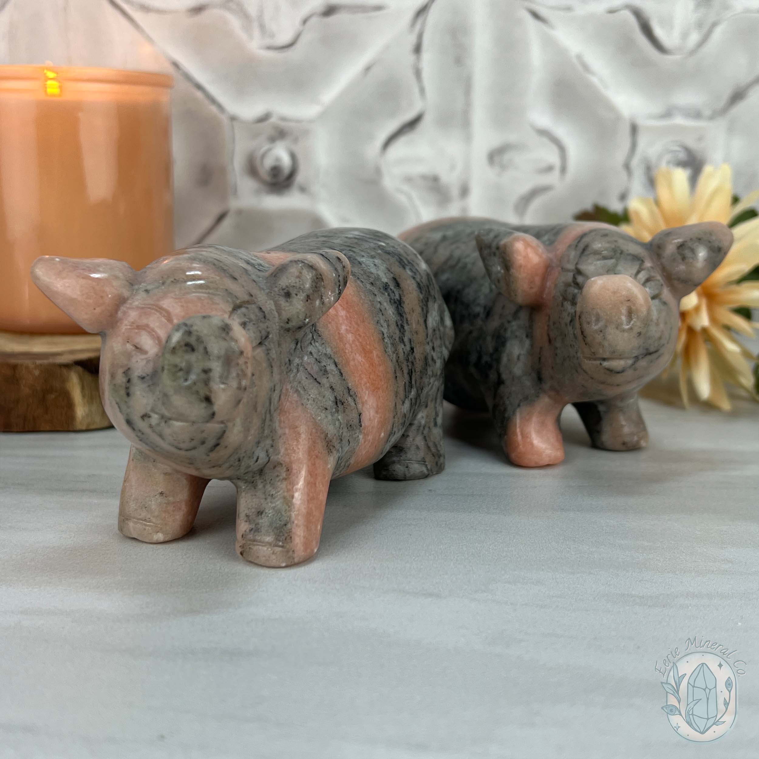 Polished Pair of Sunstone with Hornblende Pig Carvings – Eerie Mineral Co.