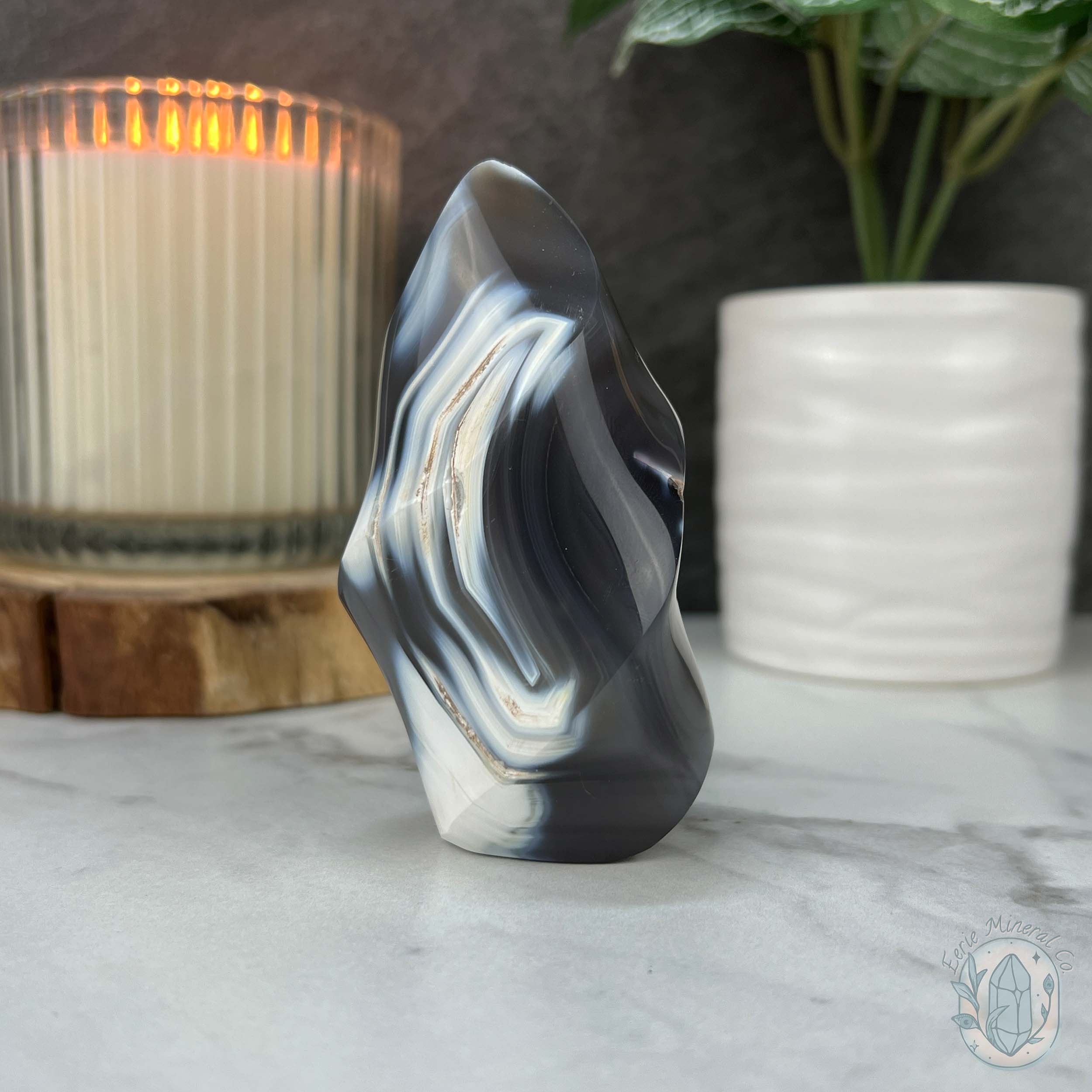 Polished Black and White Orca Agate Flame Carving | Crystal Flames – Eerie Mineral Co.