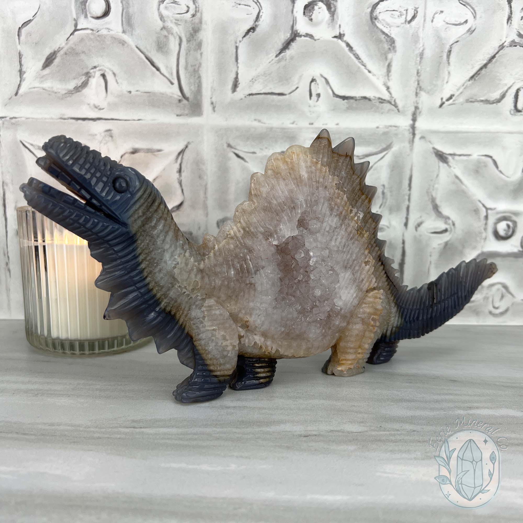 Agate with Quartz Stegosaurus Dinosaur Carving | Eerie Mineral Co.