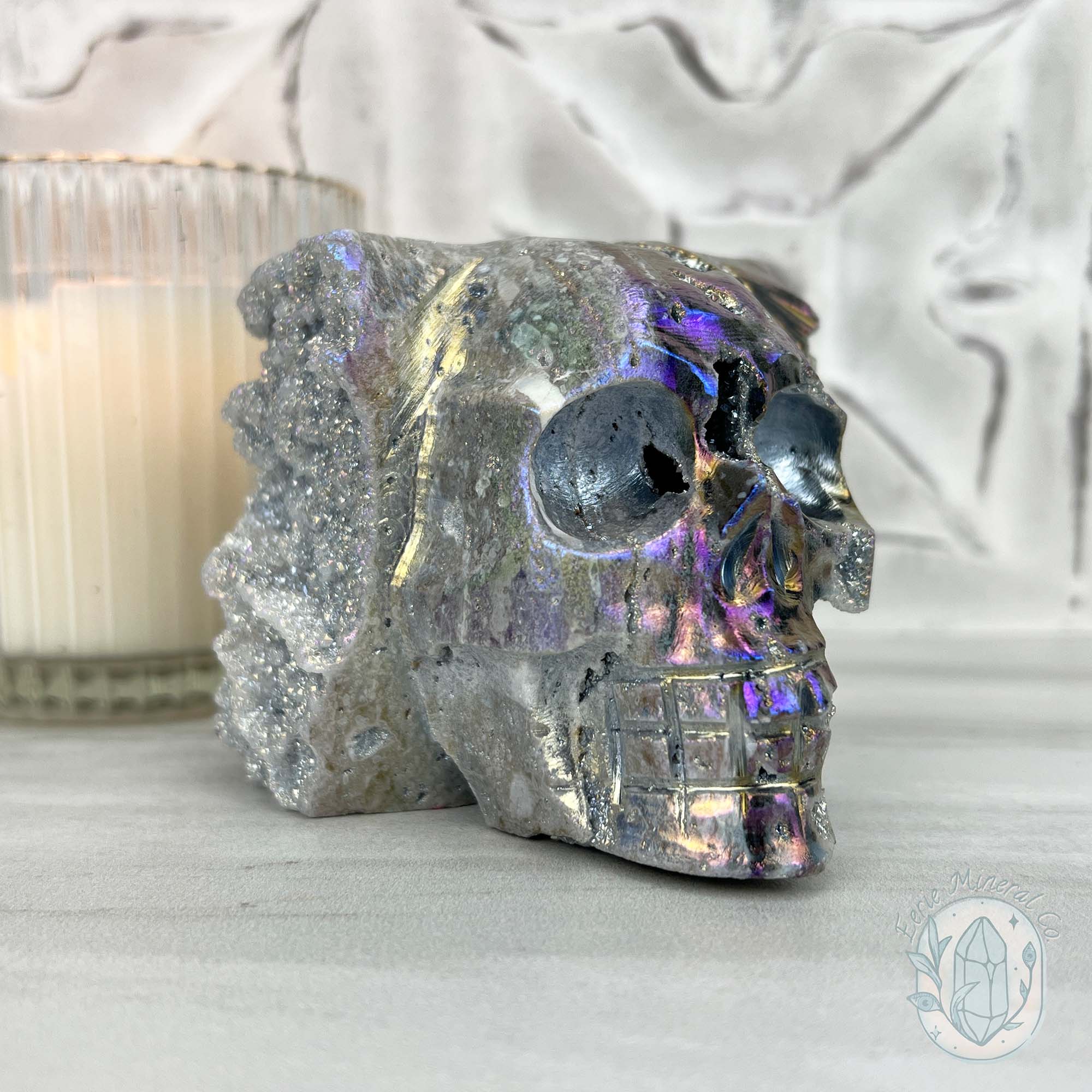 Angel Aura Sphalerite with Quartz Skull Carvings | Eerie Mineral Co.