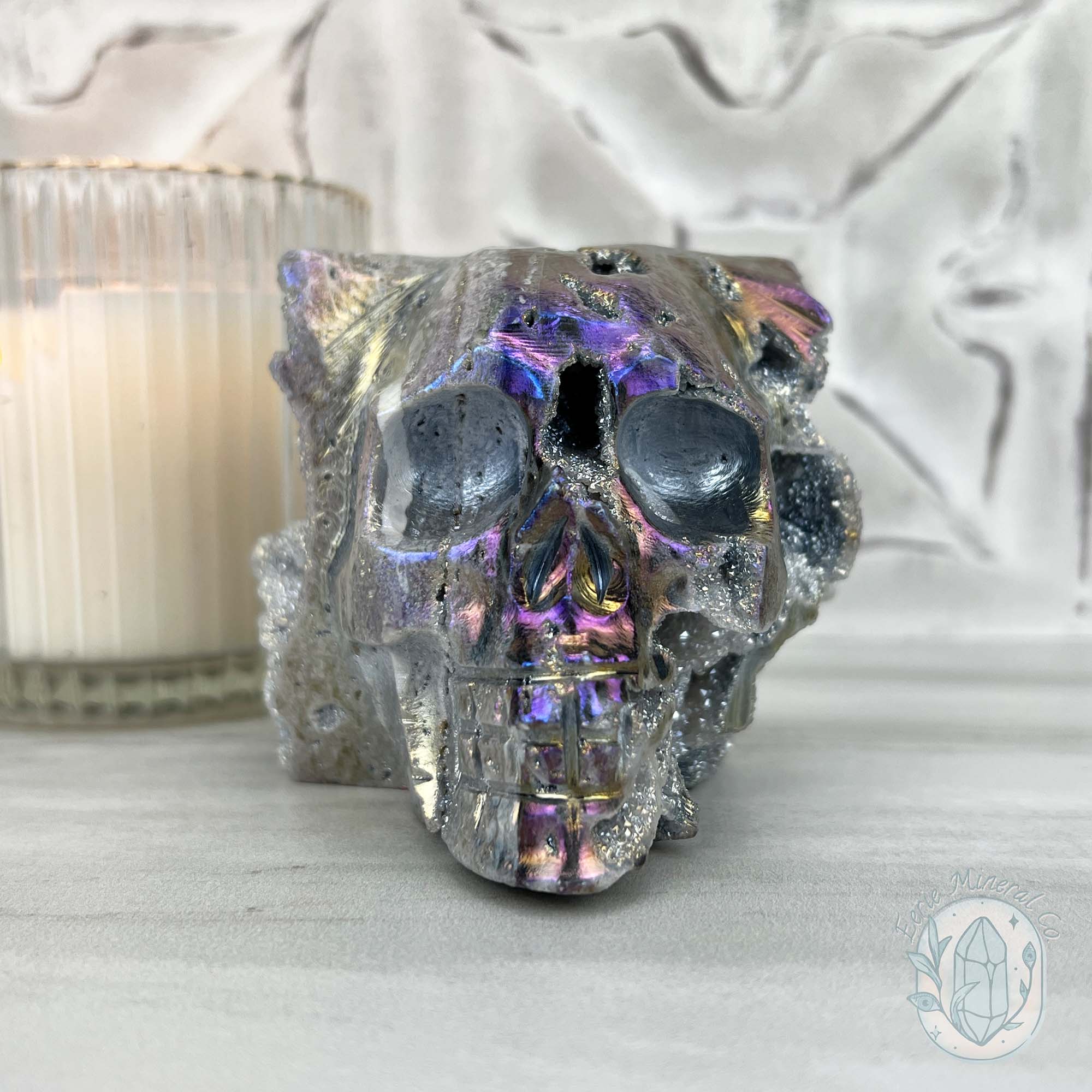 Angel Aura Sphalerite with Quartz Skull Carvings | Eerie Mineral Co.