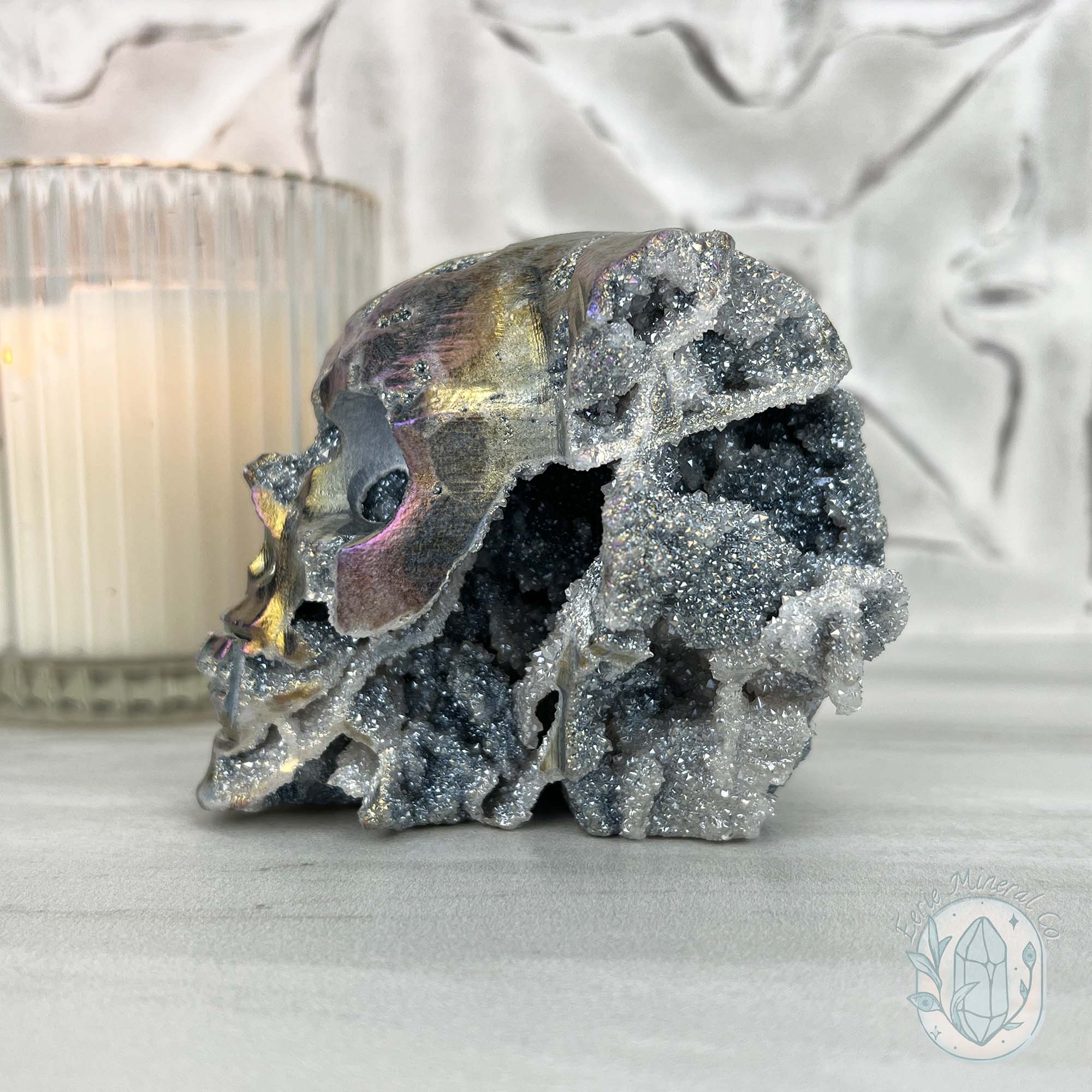 Angel Aura Sphalerite with Quartz Skull Carvings | Eerie Mineral Co.