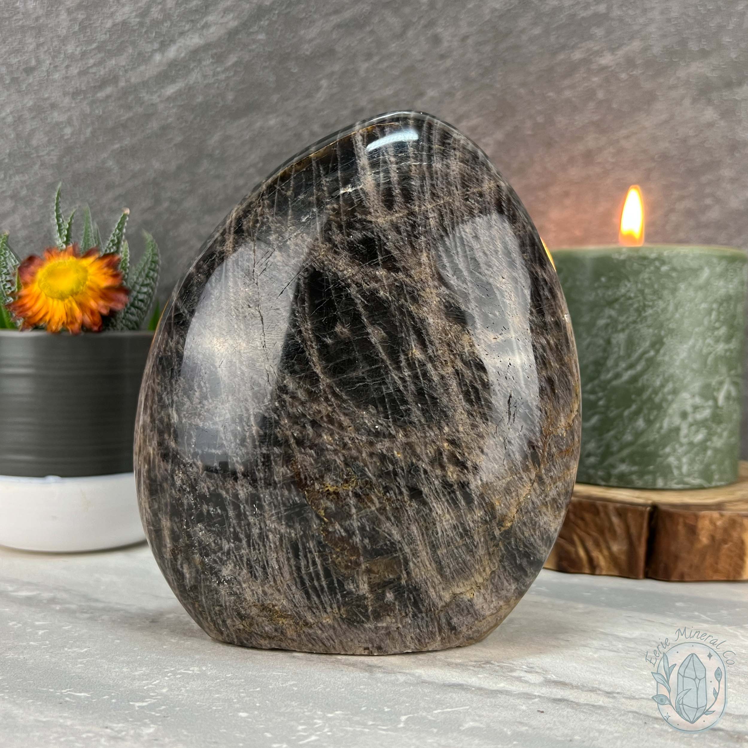 Polished Black Moonstone with Silver Flash Freeform – Eerie Mineral Co.
