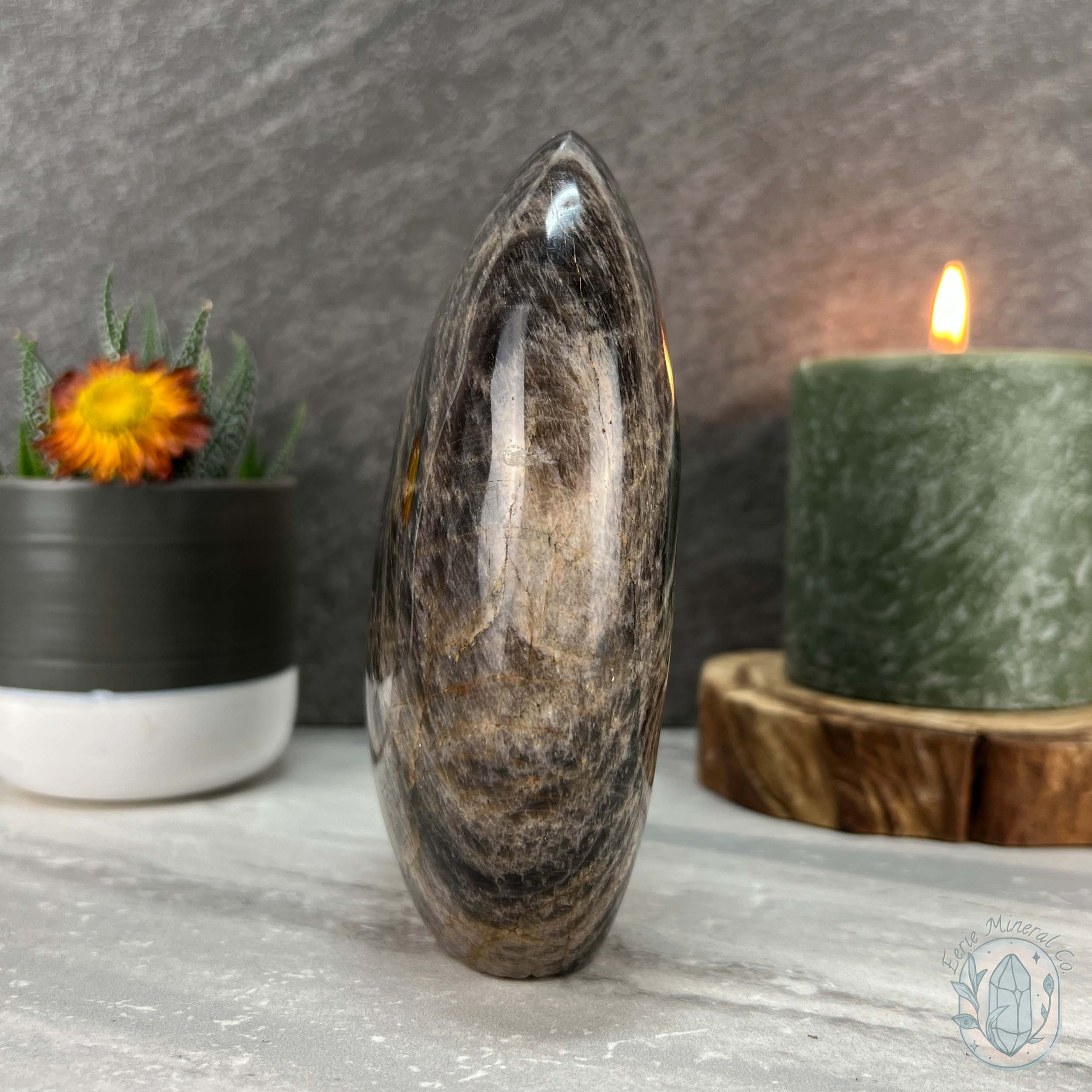 Polished Black Moonstone with Silver Flash Freeform – Eerie Mineral Co.