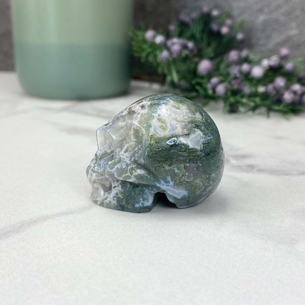 Polished Moss Agate Skull Carving | Eerie Mineral Co.