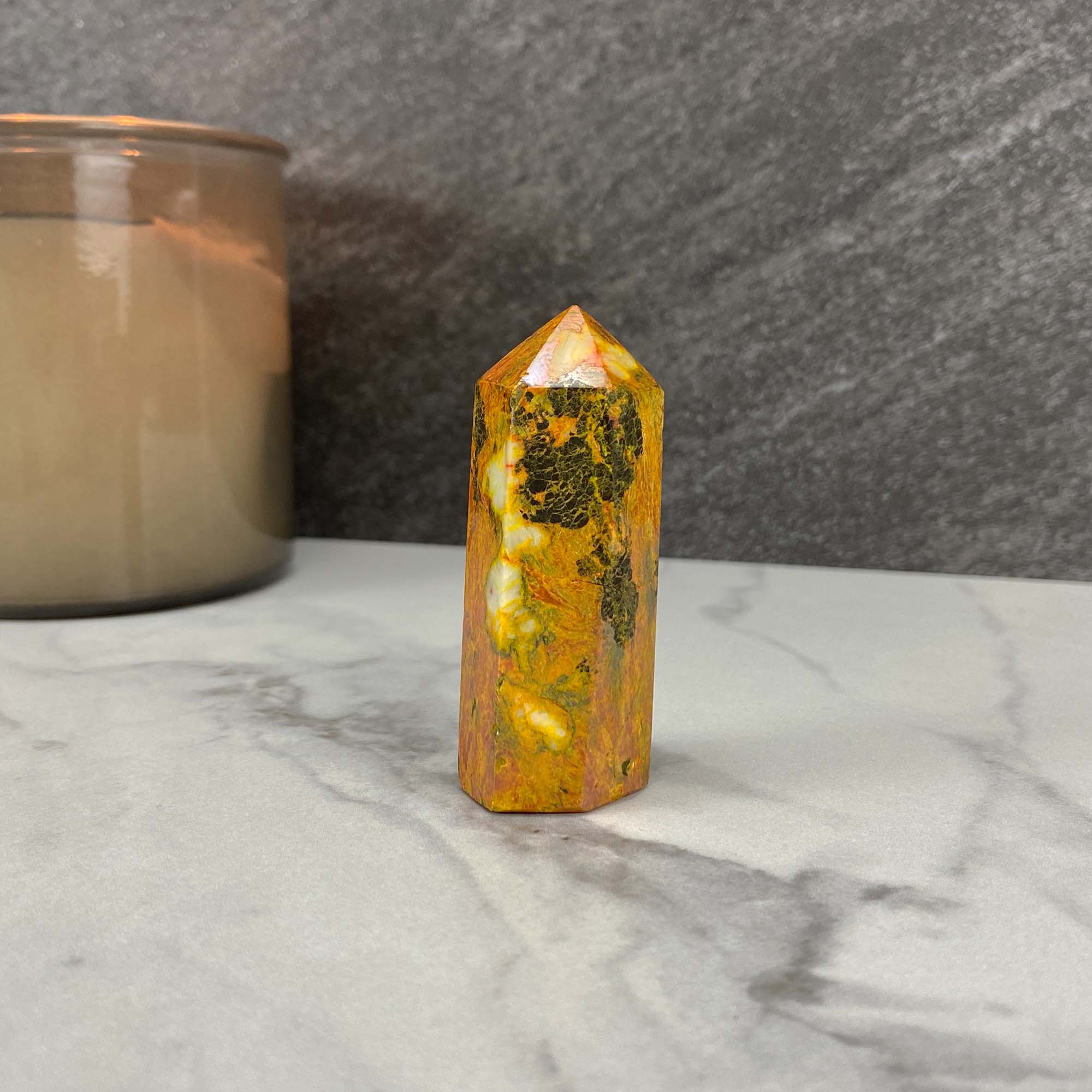 Polished Realgar and Orpiment Tower | Eerie Mineral Co.