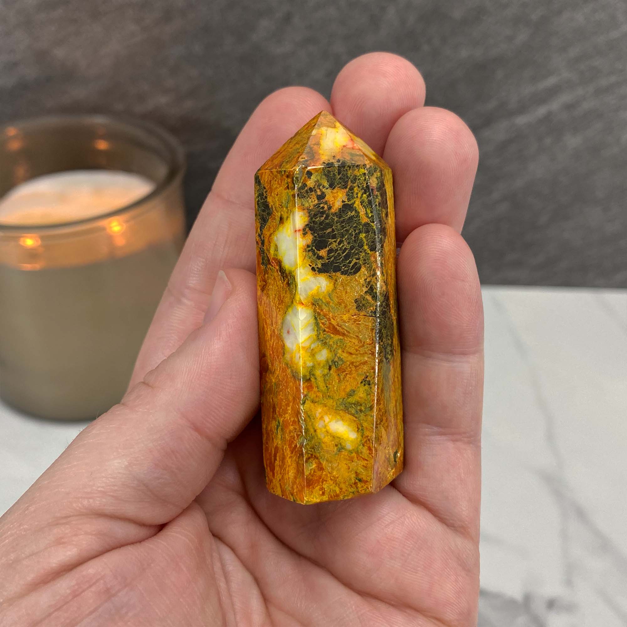 Polished Realgar and Orpiment Tower | Eerie Mineral Co.