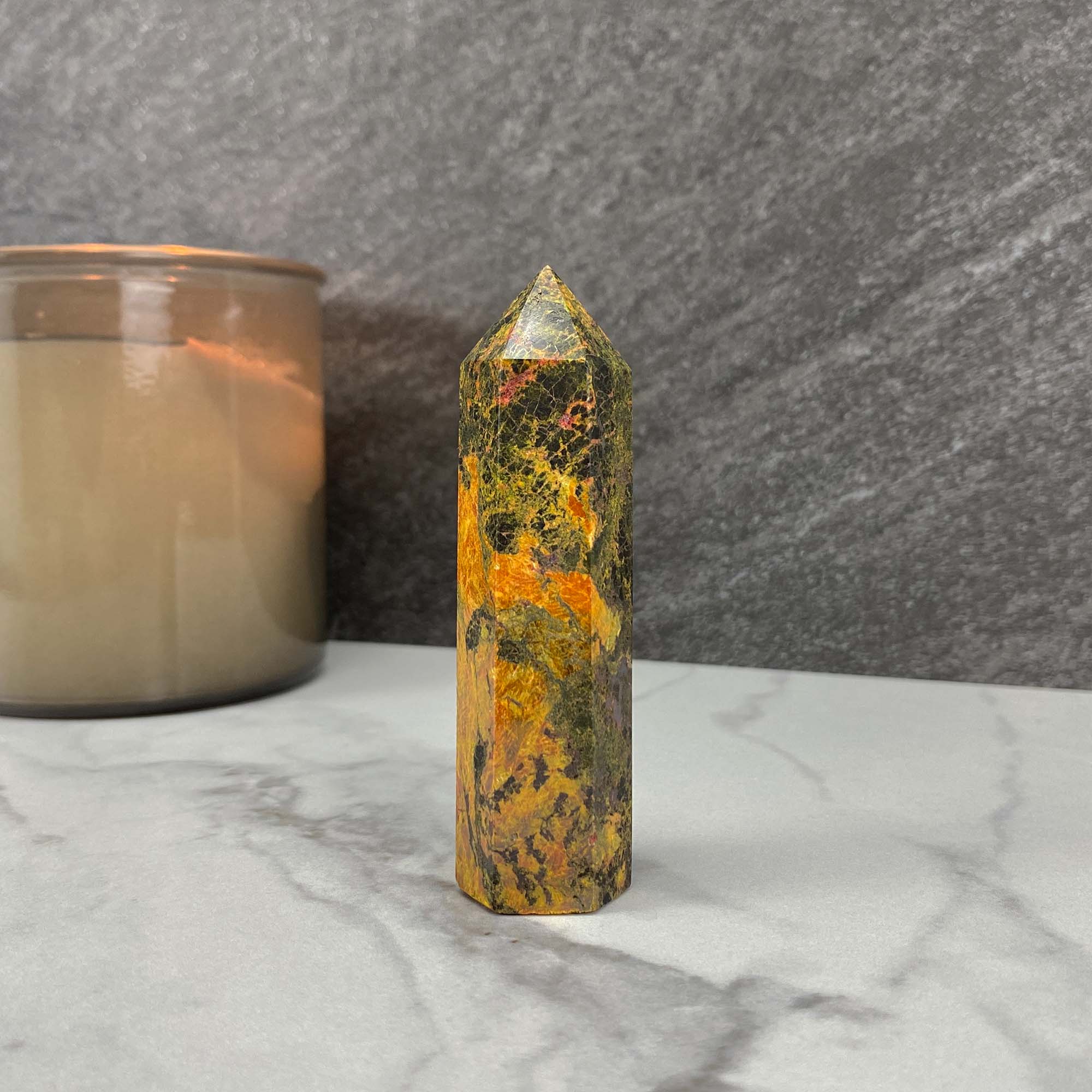 Polished Realgar and Orpiment Tower | Eerie Mineral Co.