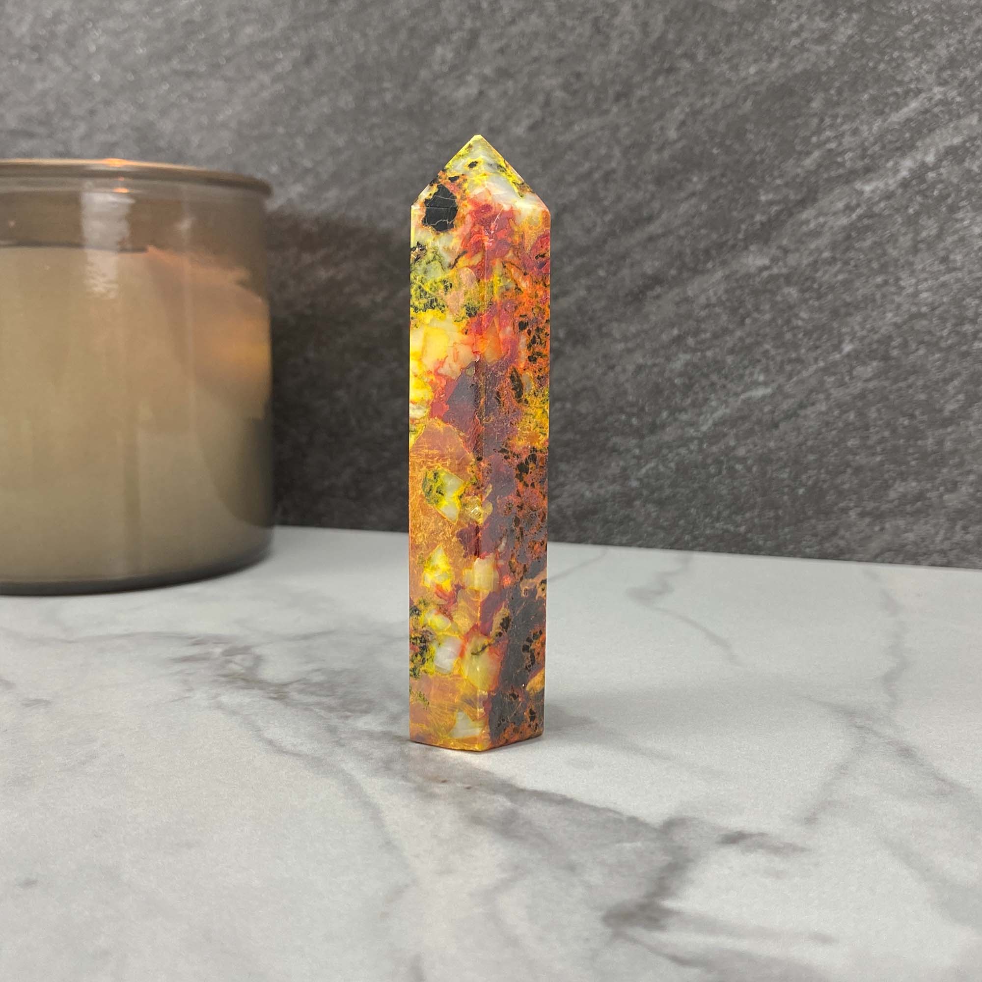 Polished Realgar and Orpiment Tower | Eerie Mineral Co.
