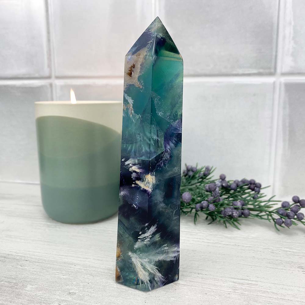 Polished Rainbow Snowflake Fluorite Tower | Eerie Mineral Co.